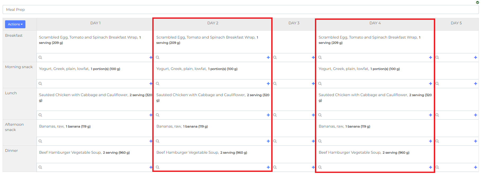 How to copy and paste rows and columns in meal plans